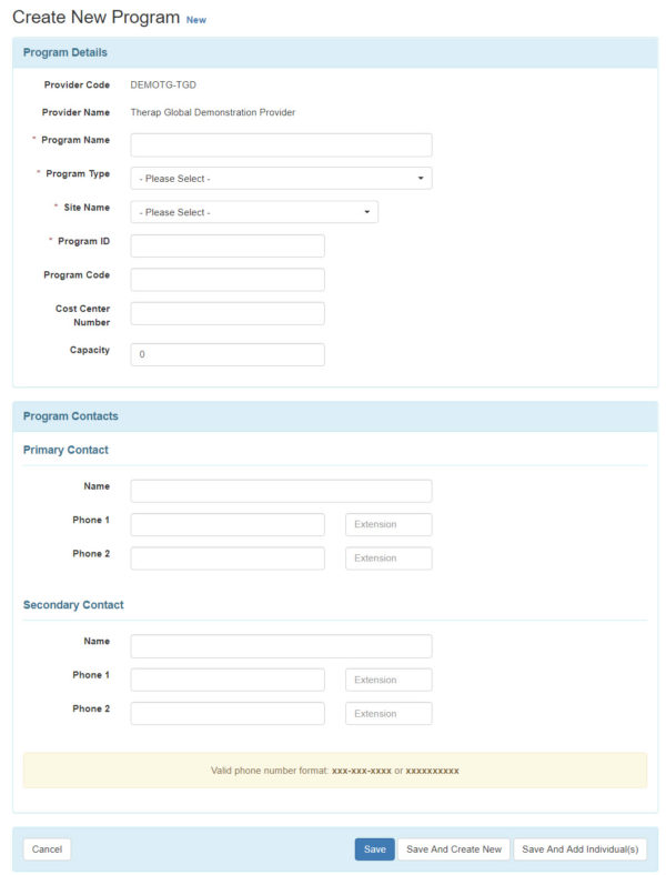 Create New Program - Therap Global