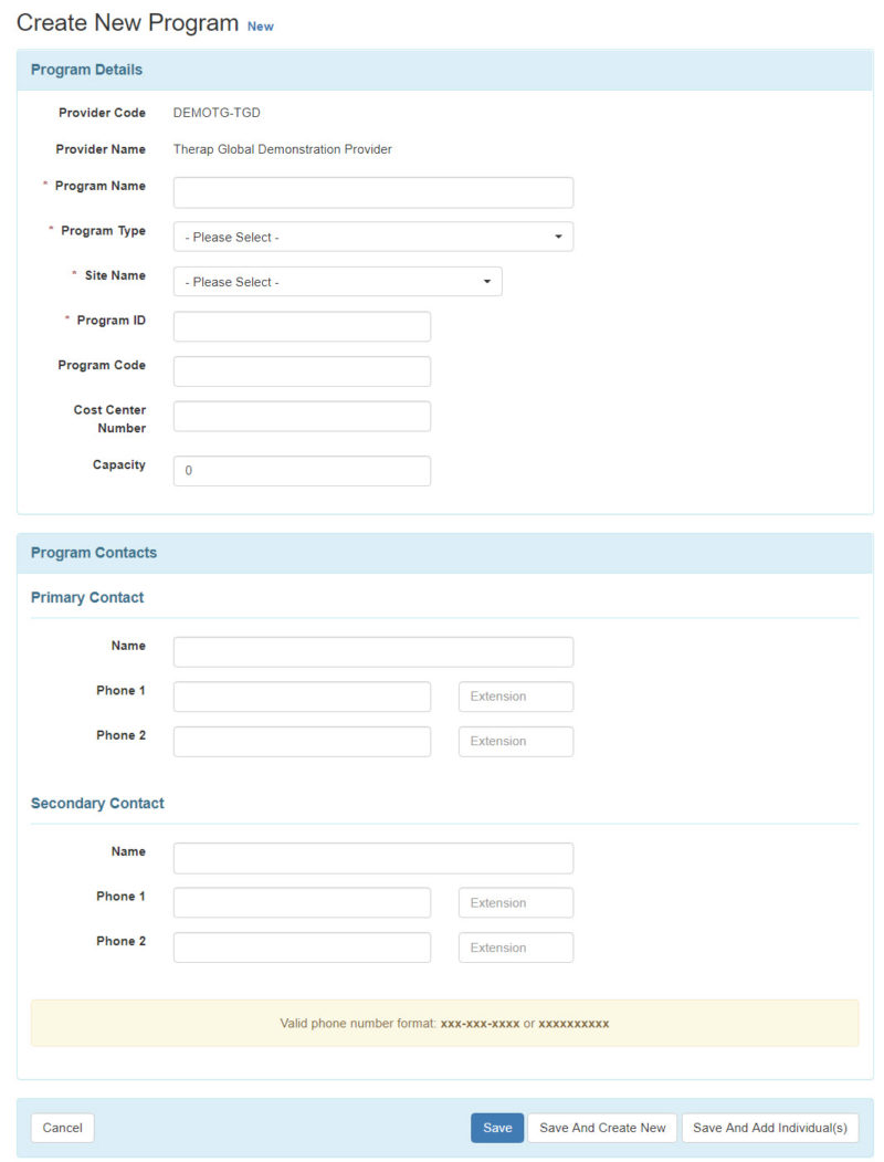 Create New Program - Therap Global