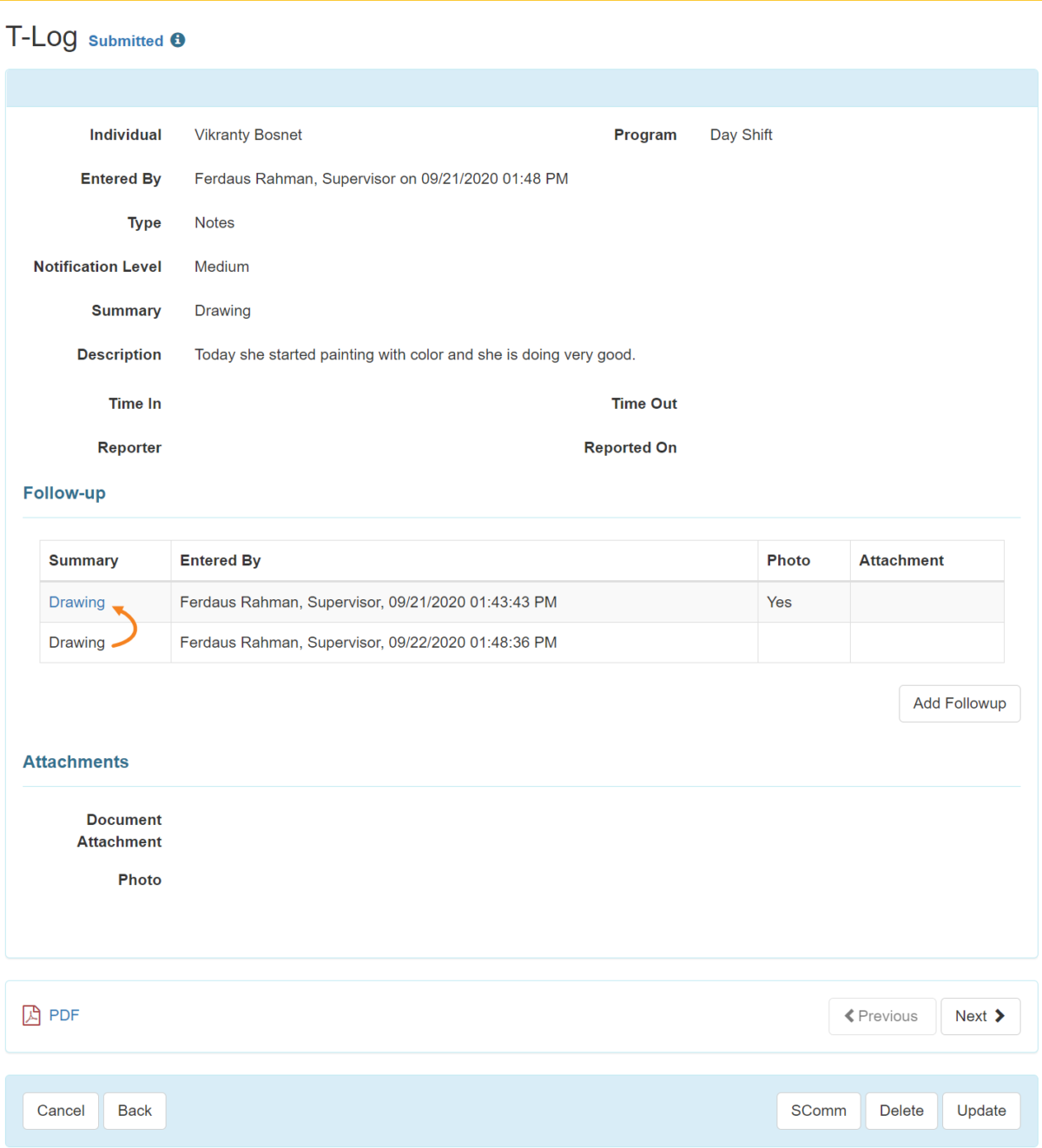 Search and Add Follow-up on T-Log - Therap Global