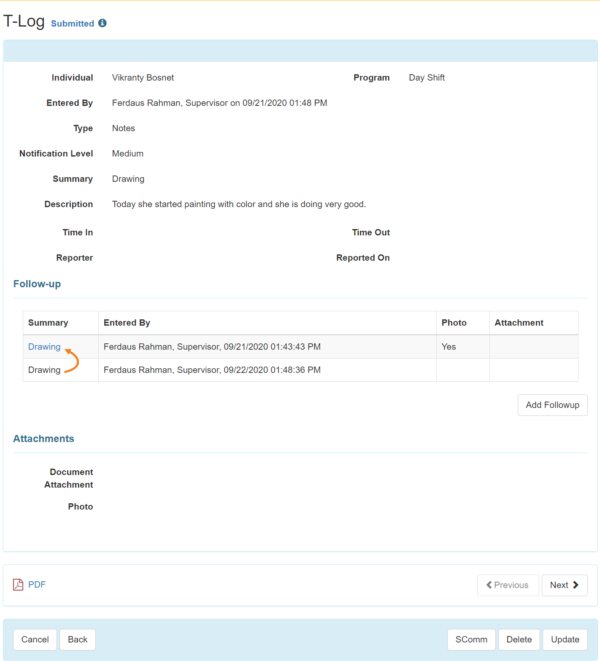 Search and Add Follow-up on T-Log - Therap Global