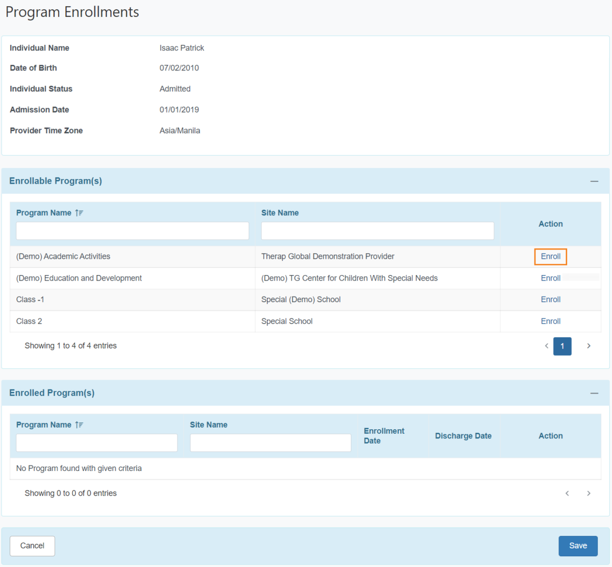 Individual Intake - Admit and Program Enrollment - Therap Global