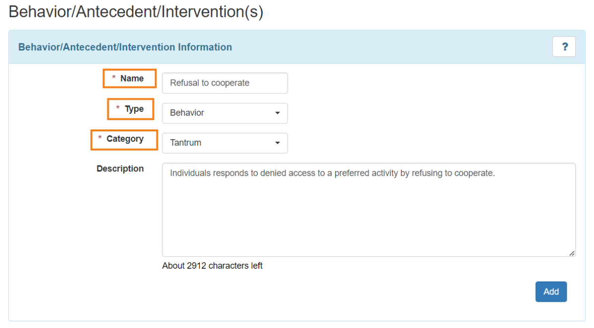 Create Behavior/Antecedent/Intervention Category and Add Behavior/Antecedent/Intervention(s ...