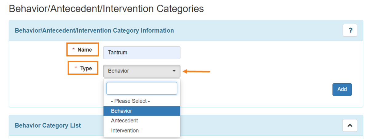 Create Behavior/Antecedent/Intervention Category and Add Behavior/Antecedent/Intervention(s ...