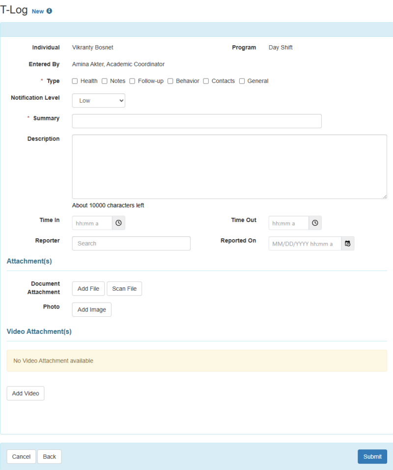 Create New T-Log - Therap Global